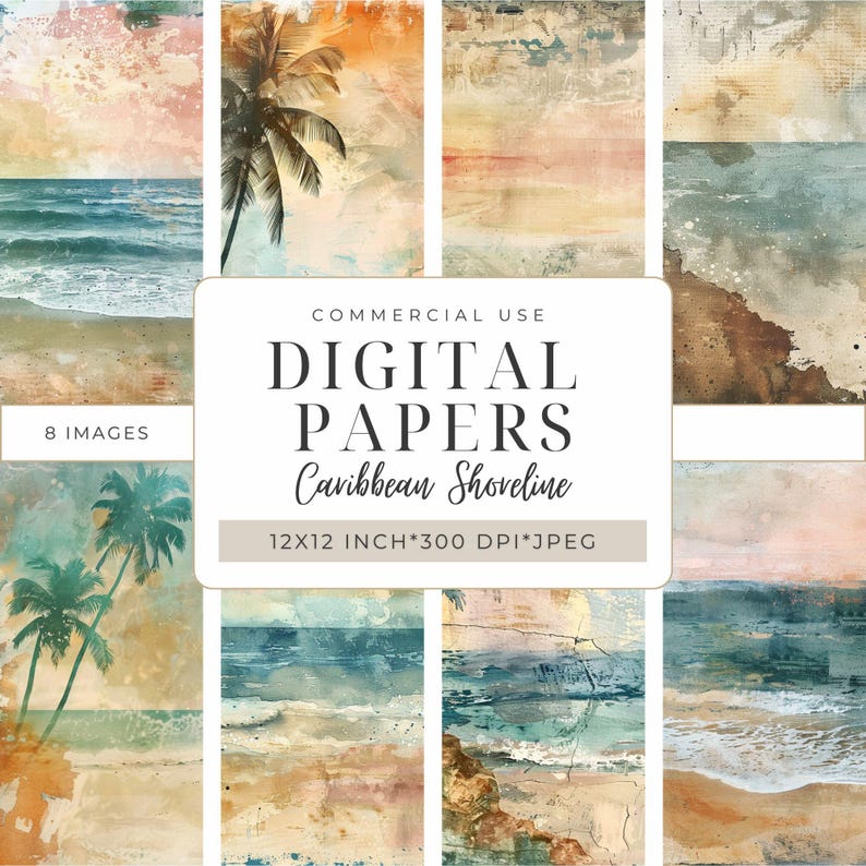 Caribbean Beach Digital Paper Pack: Abstract Coastal Scrapbook (12x12 ...