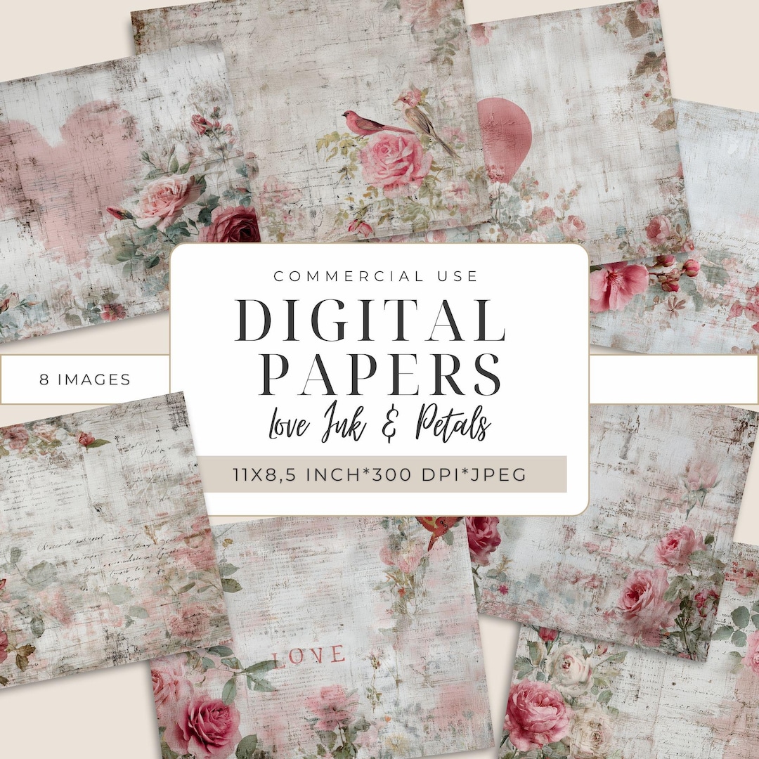 Petals on Aged Paper – Vintage Blush Rose Digital Papers 8.5x11", Soft ...