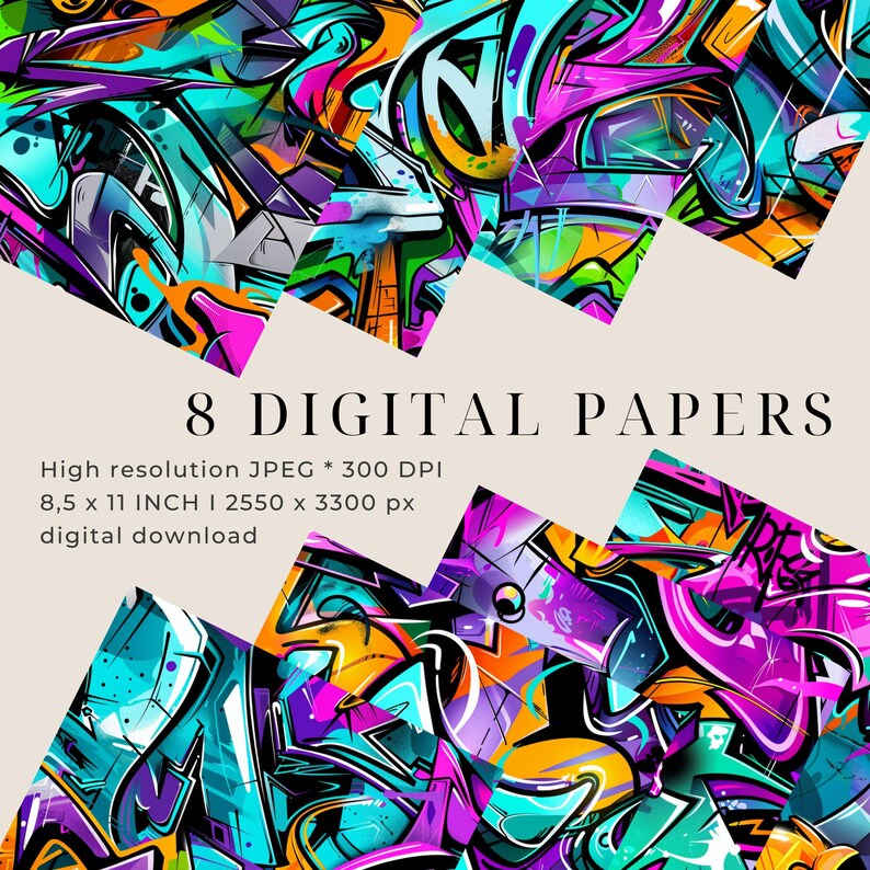 Graffiti Neon Digital Paper Pack – Urban Street Art Backgrounds for ...