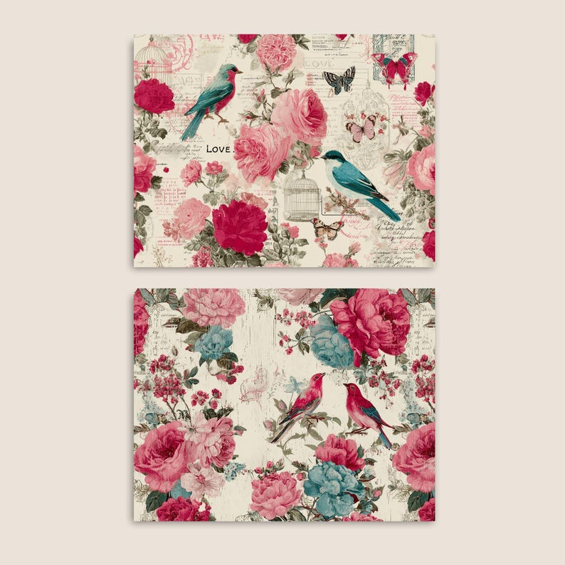 Vintage Rose Floral Digital Paper - Love Letters, Birds (11x8.5", 300 ...