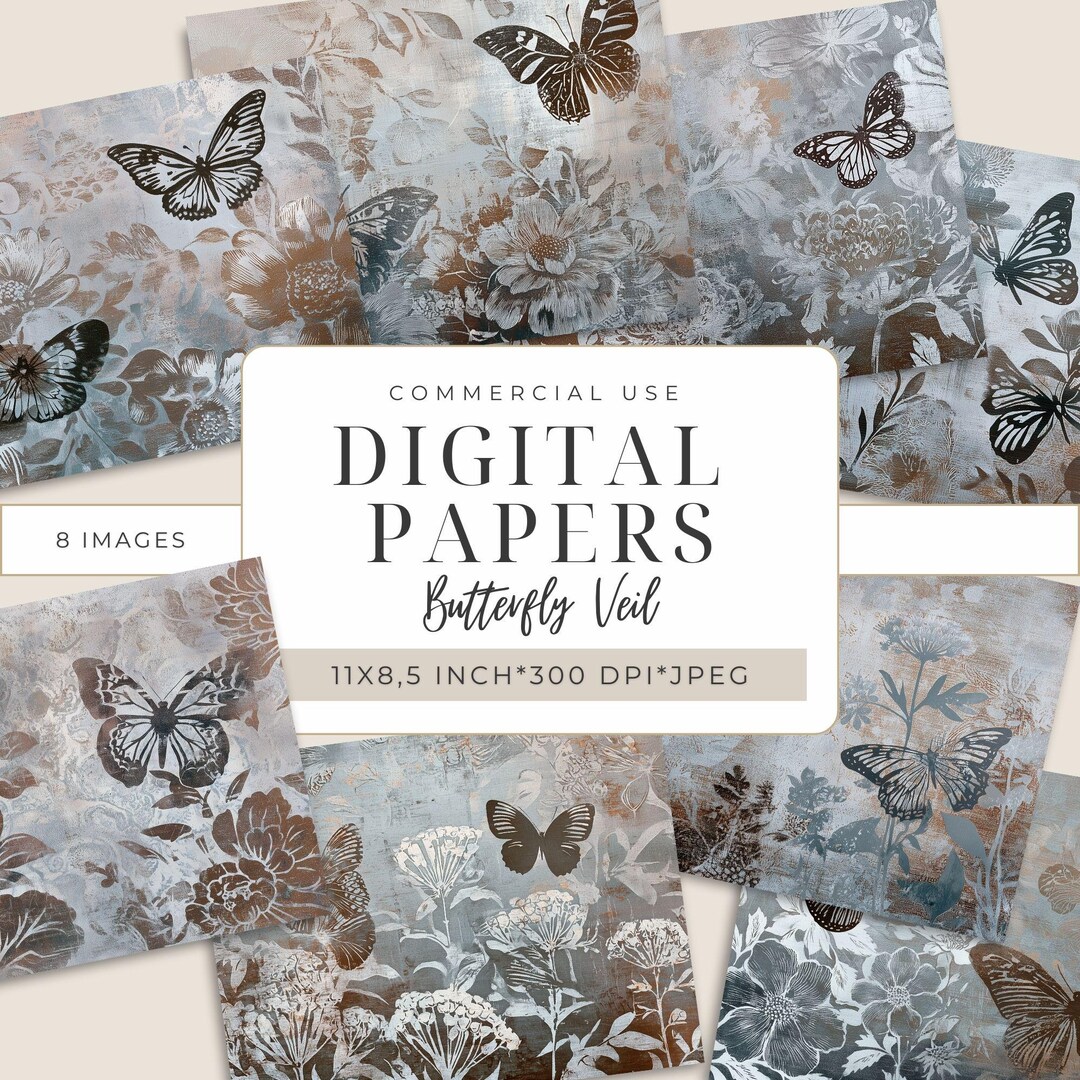 Butterfly Floral 11x8.5" Digital Papers, Neutral Botanical Backgrounds ...