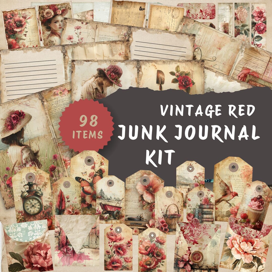 Vintage Red Junk Journal Kit I 98 Pcs I Printable Journal Papers, Lined ...