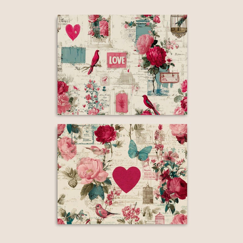 Vintage Rose Floral Digital Paper - Love Letters, Birds (11x8.5", 300 ...