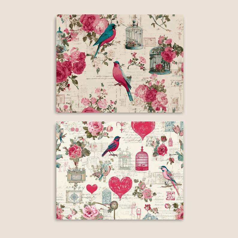 Vintage Rose Floral Digital Paper - Love Letters, Birds (11x8.5", 300 ...