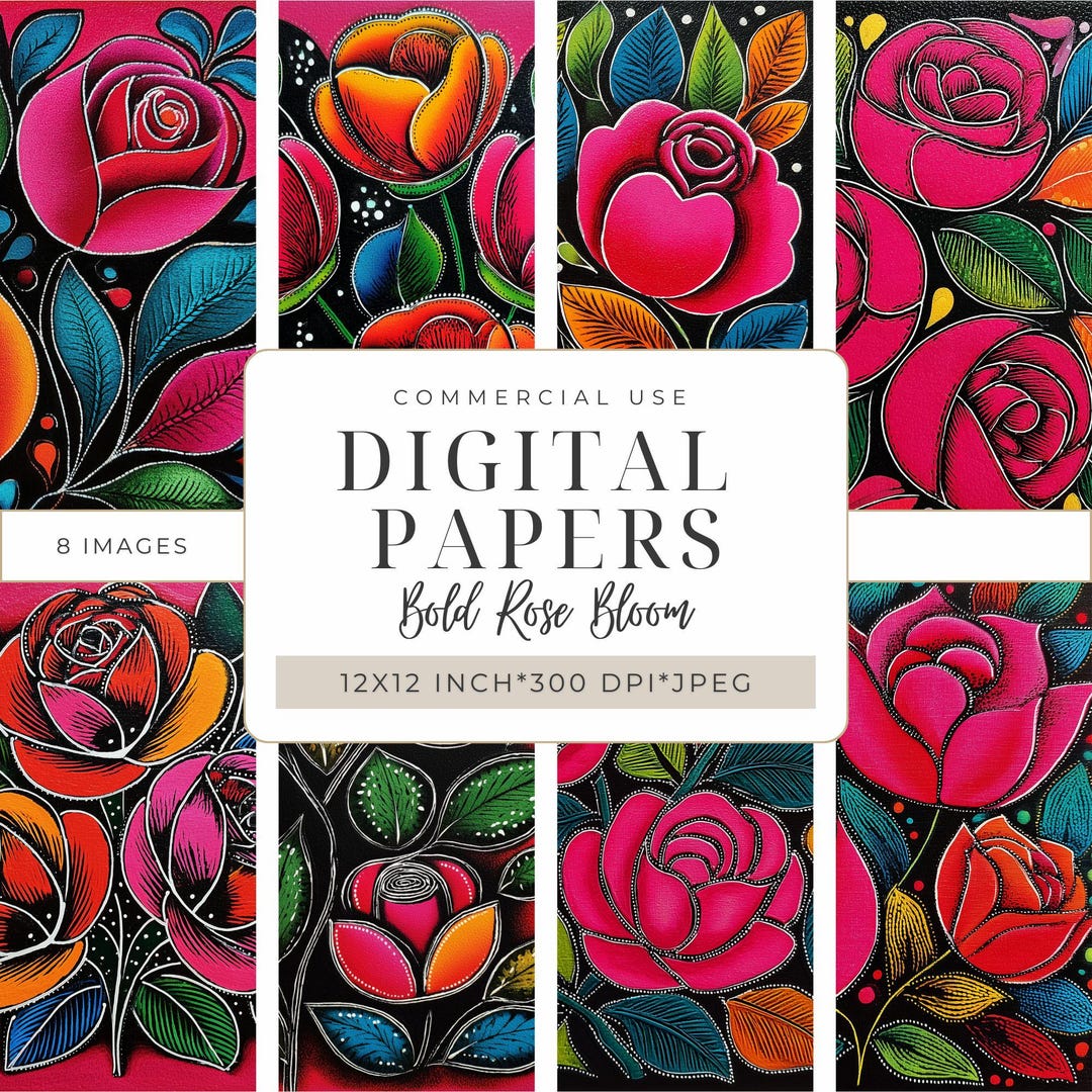 Bold Roses With Glitter Digital Papers, Printable Rose Folk Style ...