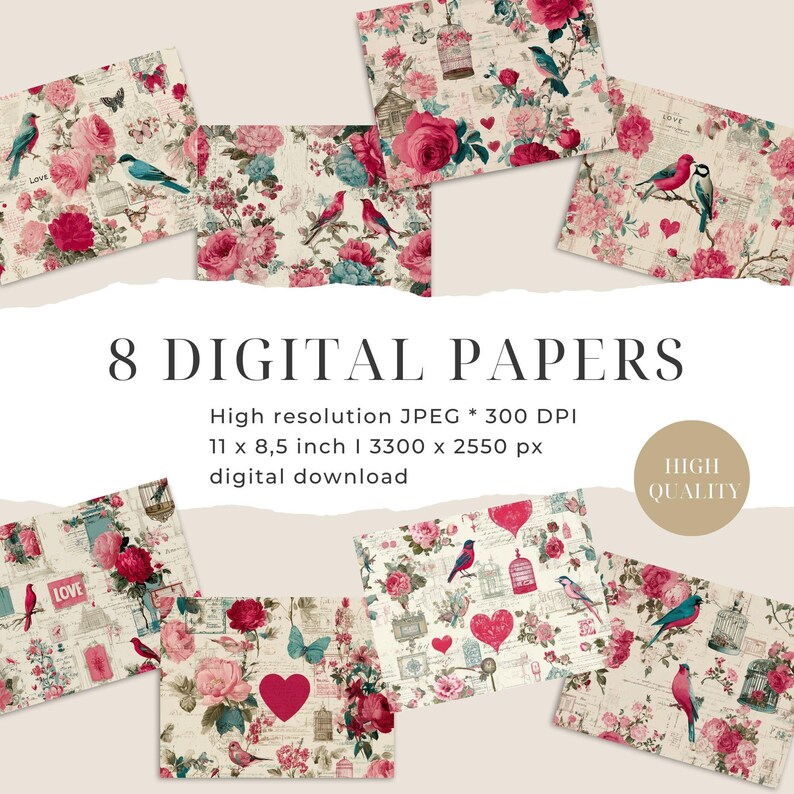 Vintage Rose Floral Digital Paper - Love Letters, Birds (11x8.5", 300 ...