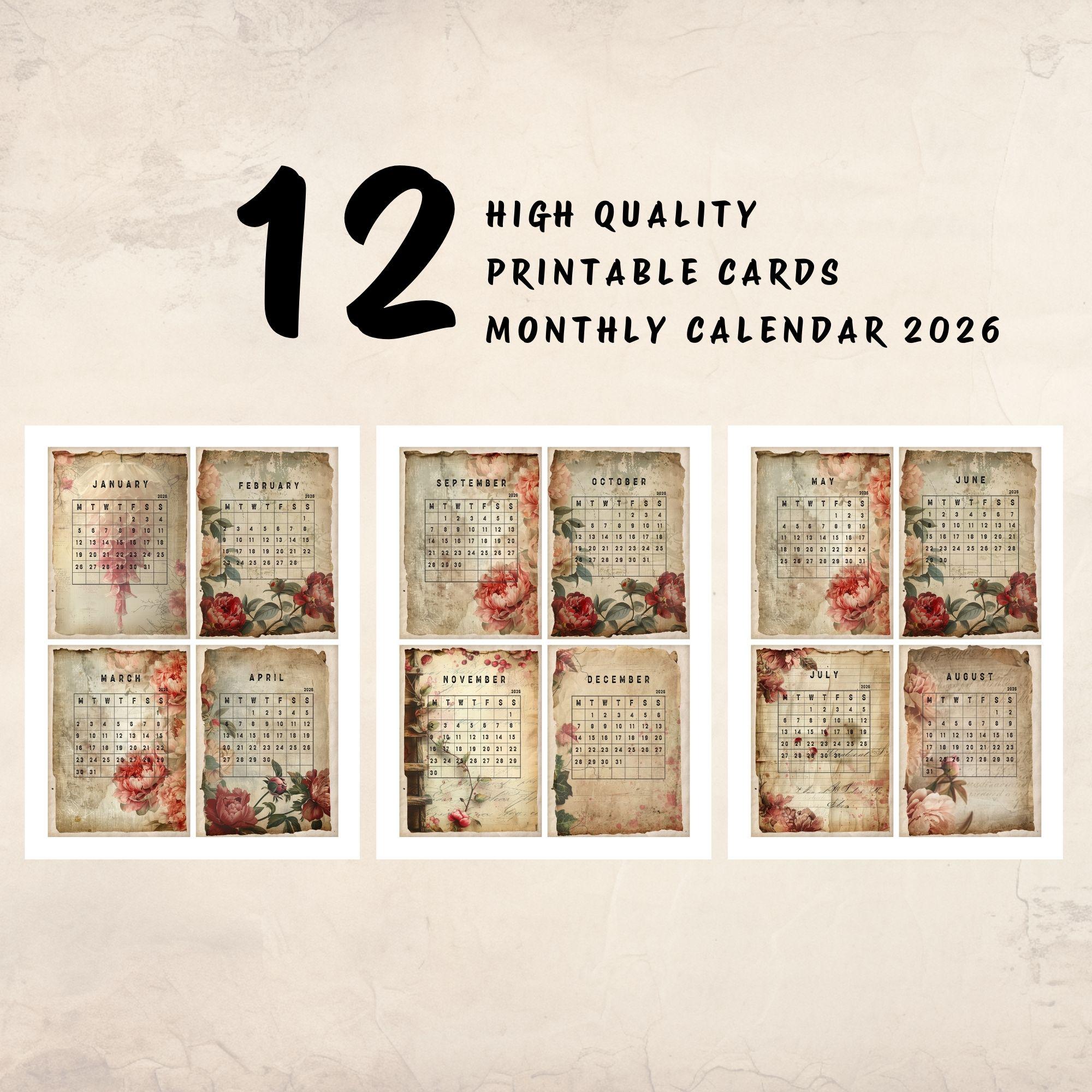 Vintage Red 2026 Monthly Calendar Cards I Printable Ephemera I Junk ...