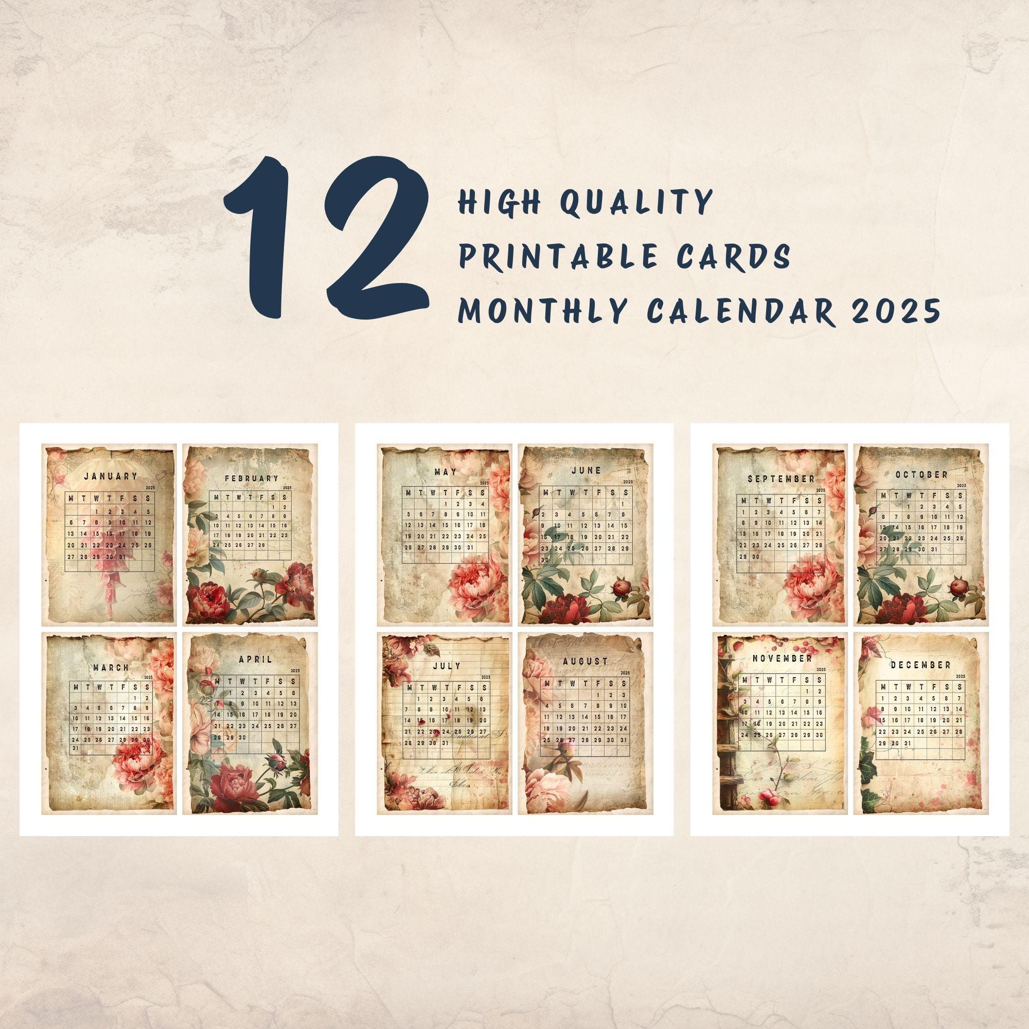 Vintage Red 2025 Monthly Calendar Cards I Printable Ephemera I Junk ...