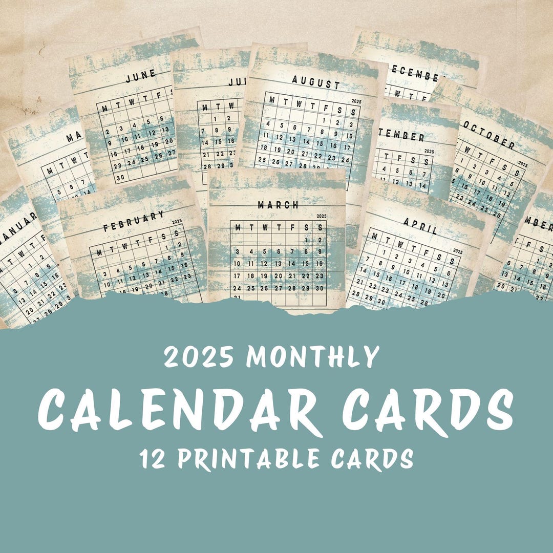 2025 Monthly Calendar Cards, Faded Blue, Vintage I Printable Ephemera I ...