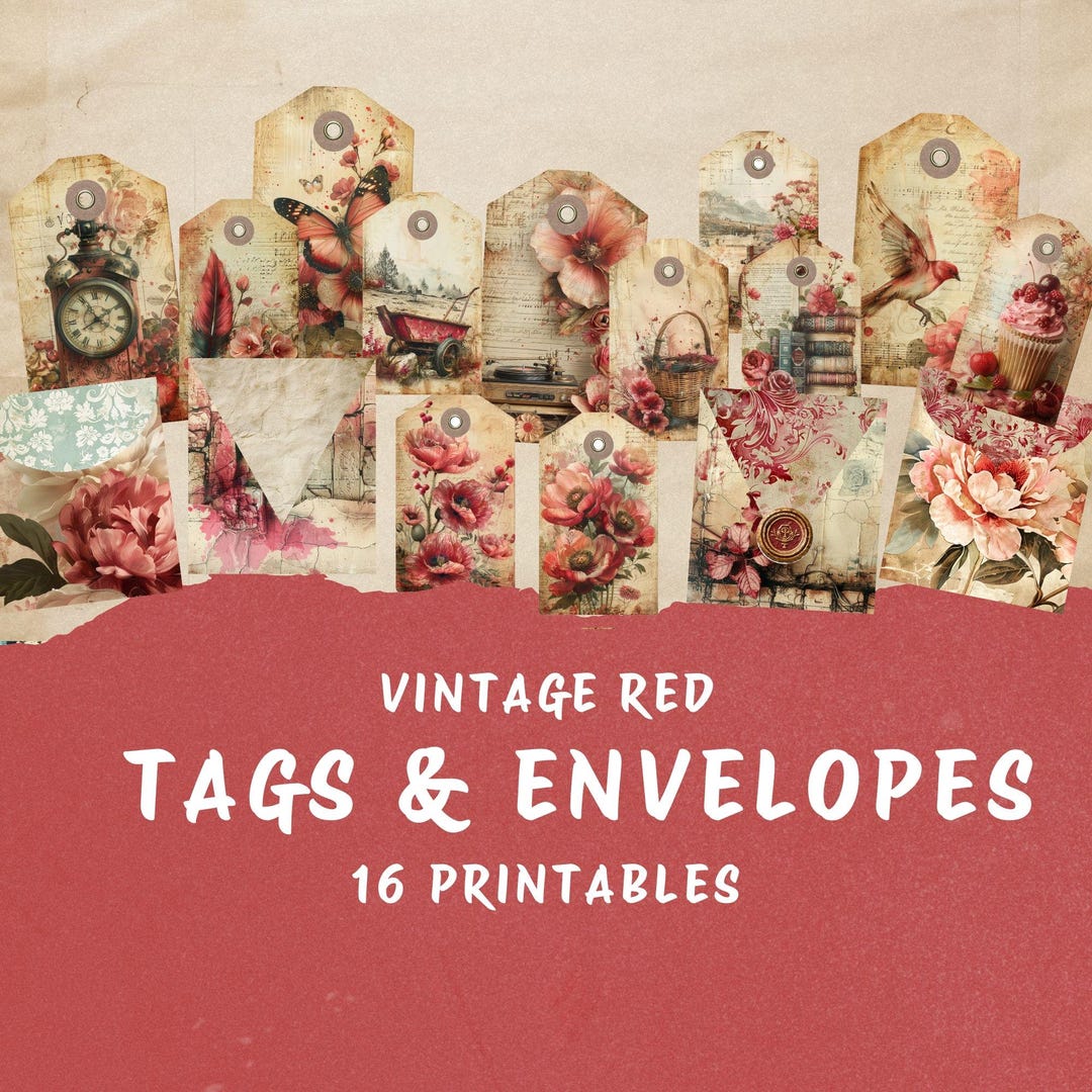 Vintage Red Junk Journal Tags & Mini Envelopes I 16x Extras Pack I ...