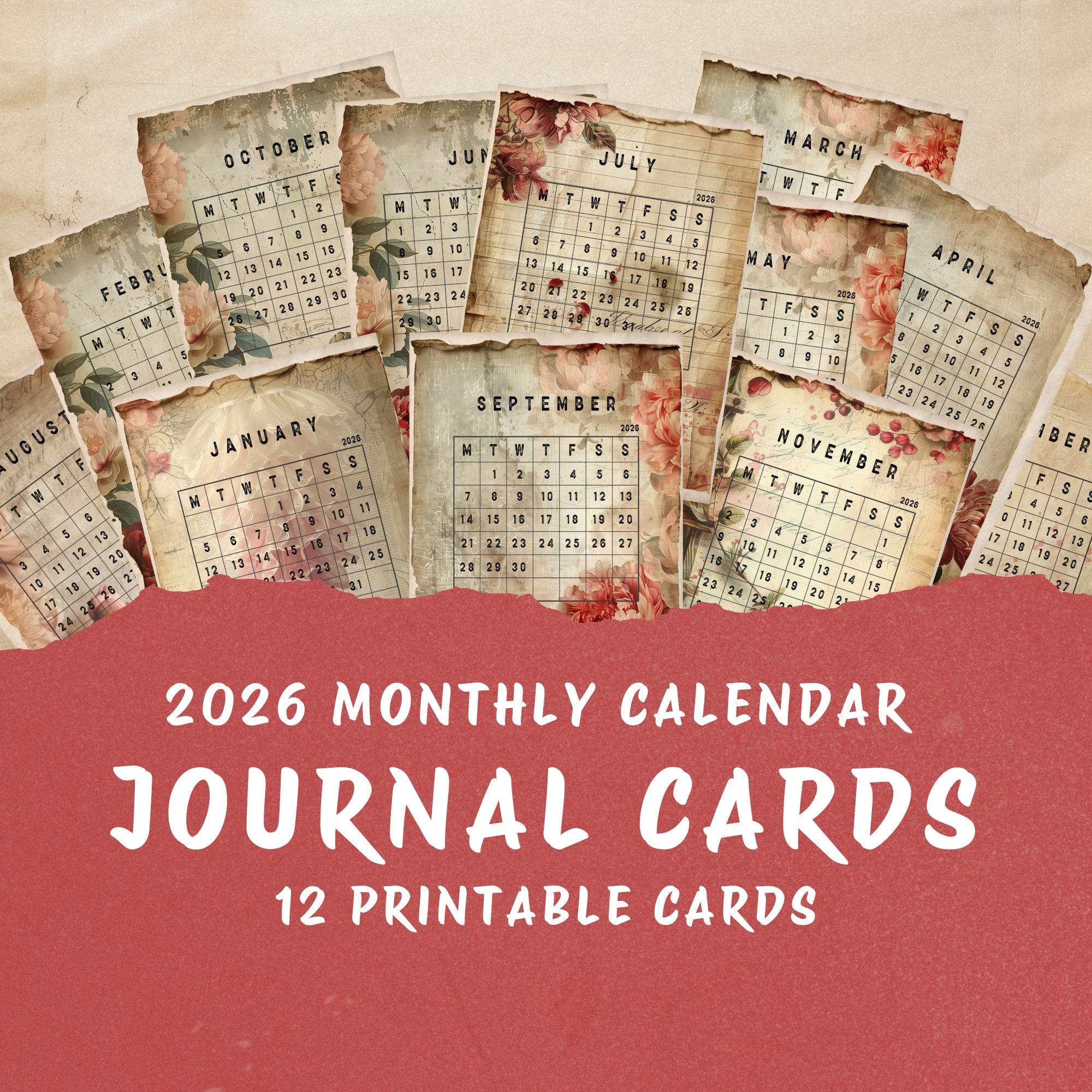 Vintage Red 2026 Monthly Calendar Cards I Printable Ephemera I Junk ...