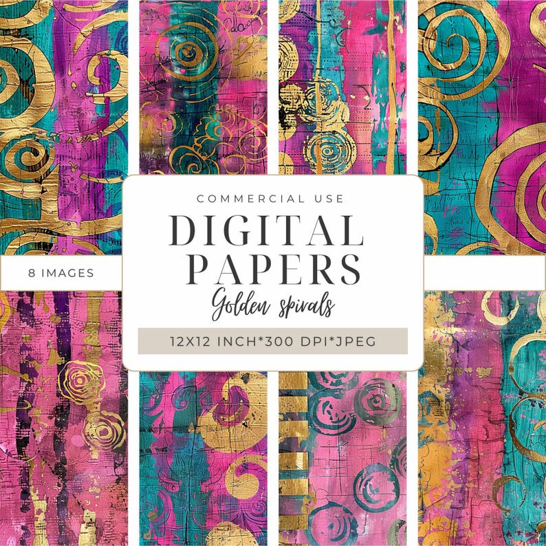 Golden Spirals Digital Paper Pack – Abstract Gel Print Style, Gold ...
