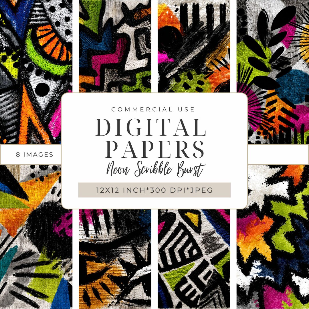 Neon Scribble Burst Digital Papers – 80s Graffiti Pop Art for ...