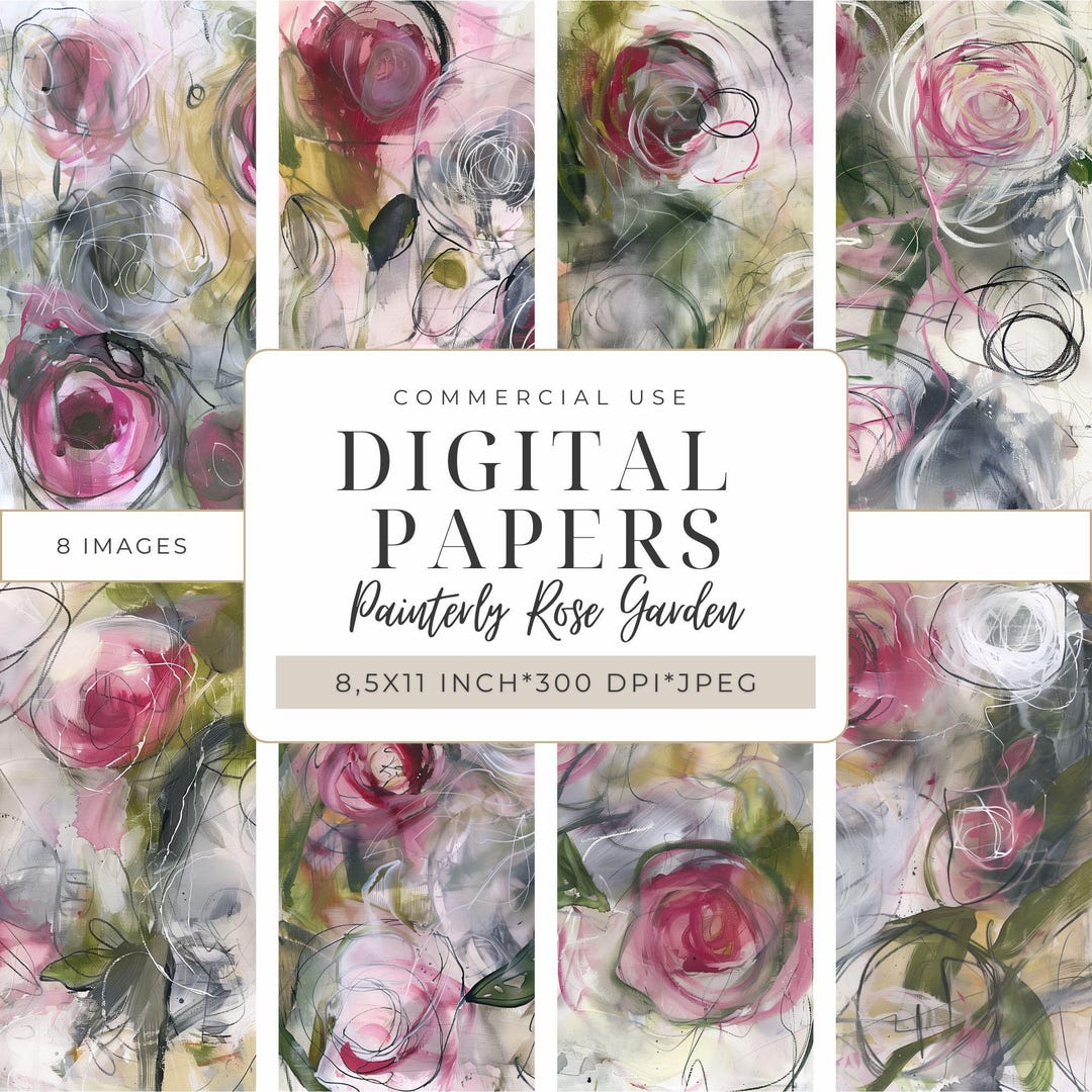 Painterly Rose Garden Digital Papers Pack, Abstract Floral Backgrounds ...