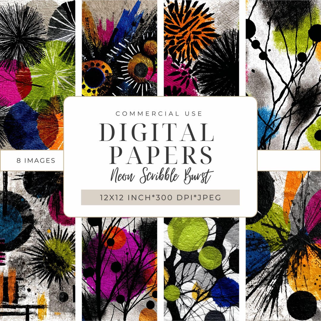 Neon Scribble Burst Digital Papers – 80s Graffiti Pop Art for ...