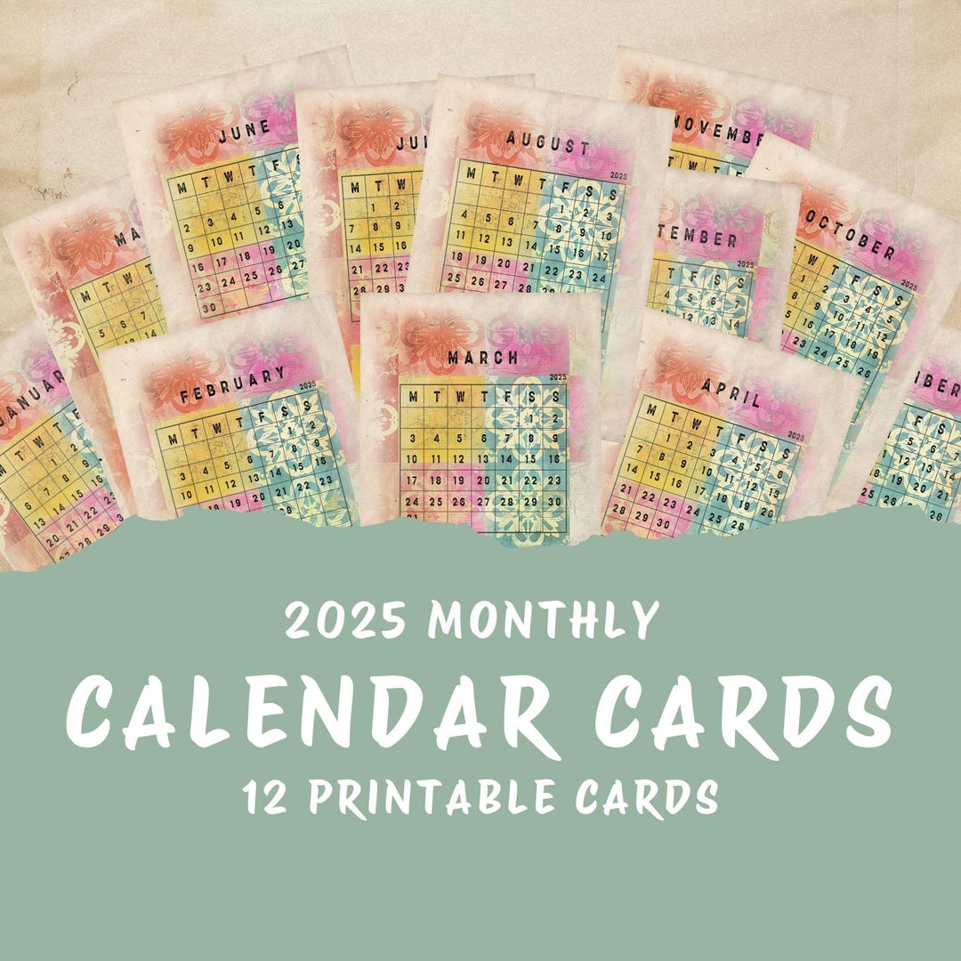 2025 Monthly Calendar Cards, Colourful, Vintage I Printable Ephemera I ...