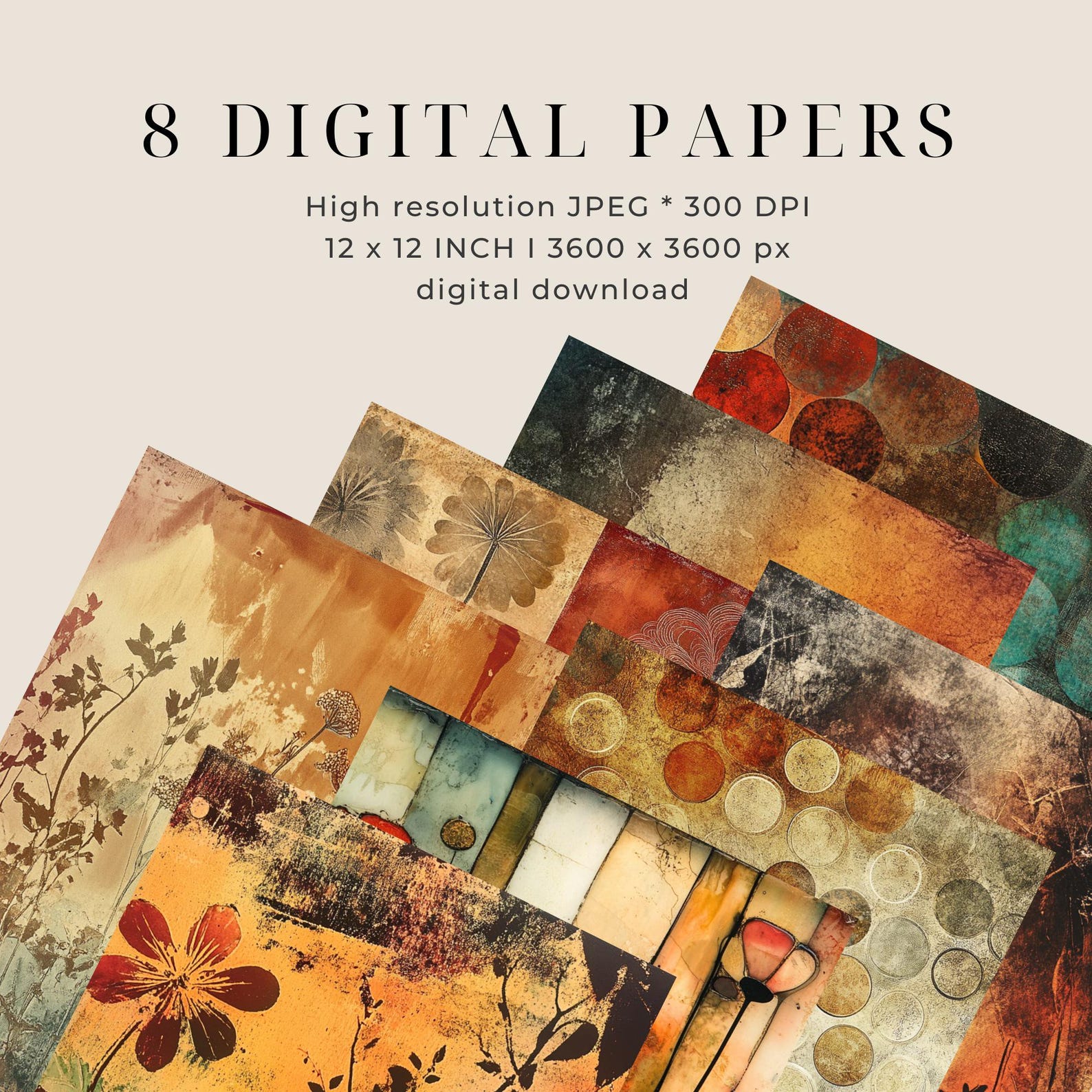 Gelli Print Style Floral Pattern Digital Papers Pack I Earthy Colors I ...