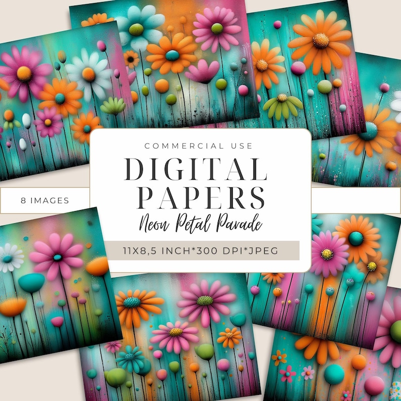 Playful Neon Flower Digital Papers – Colorful Whimsical Art, 11x8,5 ...