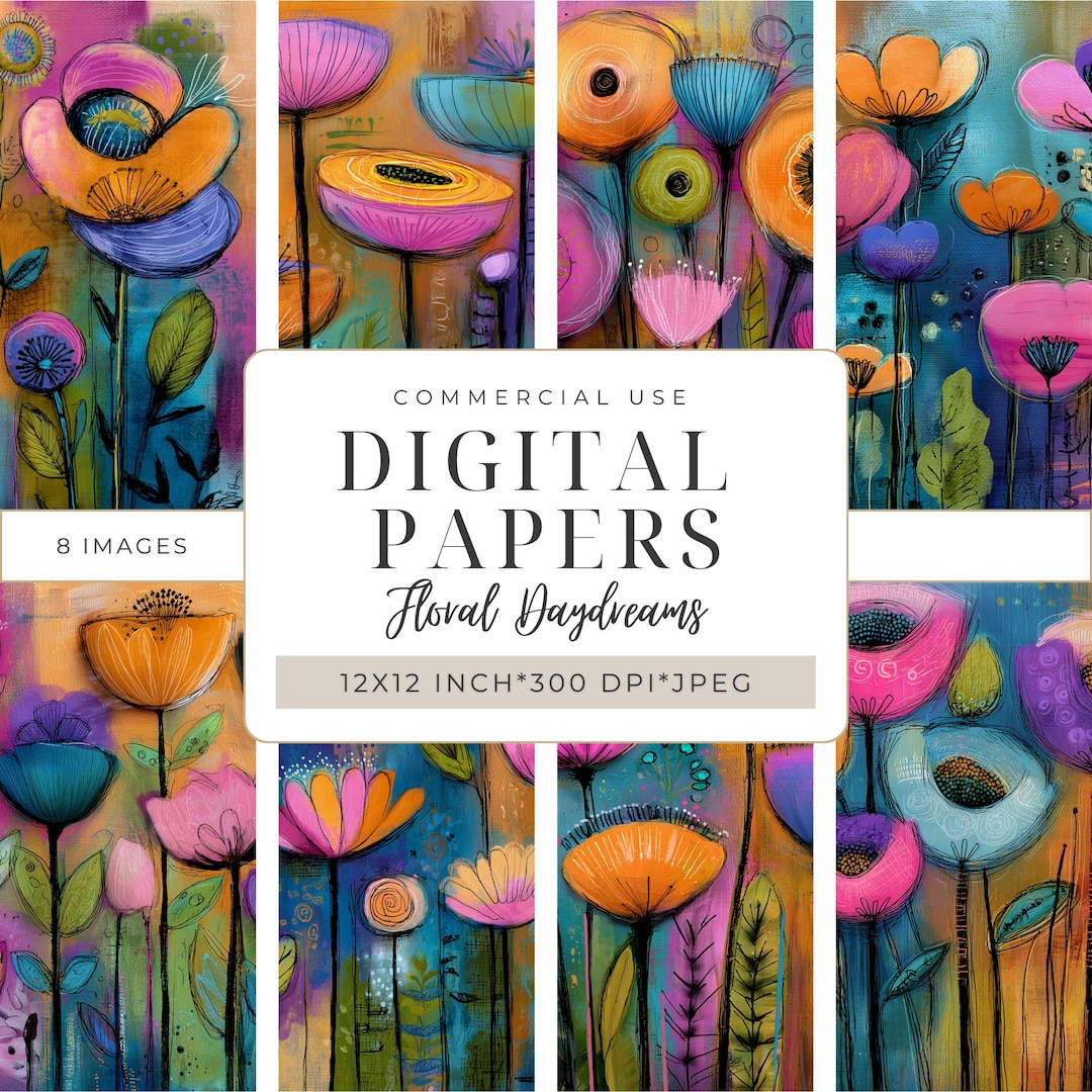 Whimsical Flowers Digital Papers, 12x12 Inch Backgrounds for ...