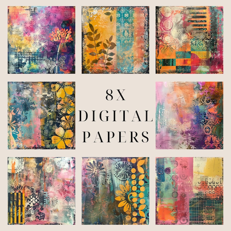 Digital Papers, Gel Print Style for Collage, Mixed Media and DIY Crafts ...
