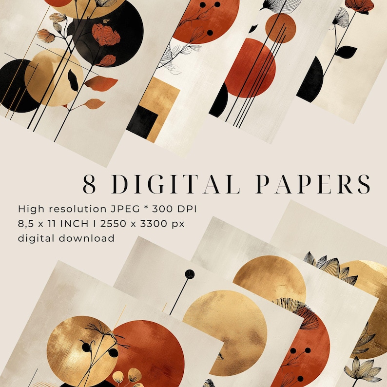 Golden Geometry Digital Papers, Modern Floral Abstracts & Geometric ...