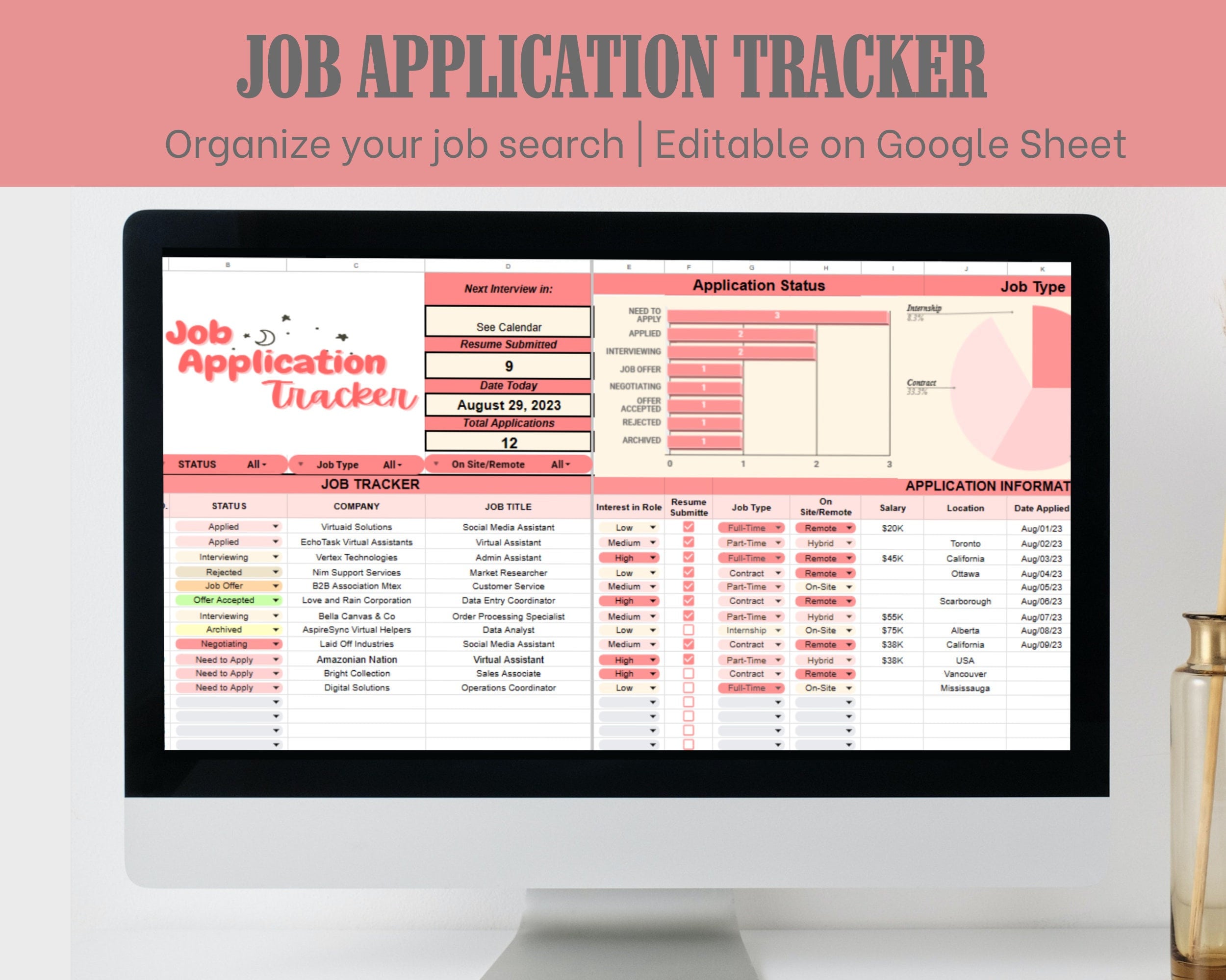 Job Application Tracker Spreadsheet: Career Planner Dashboard (google ...