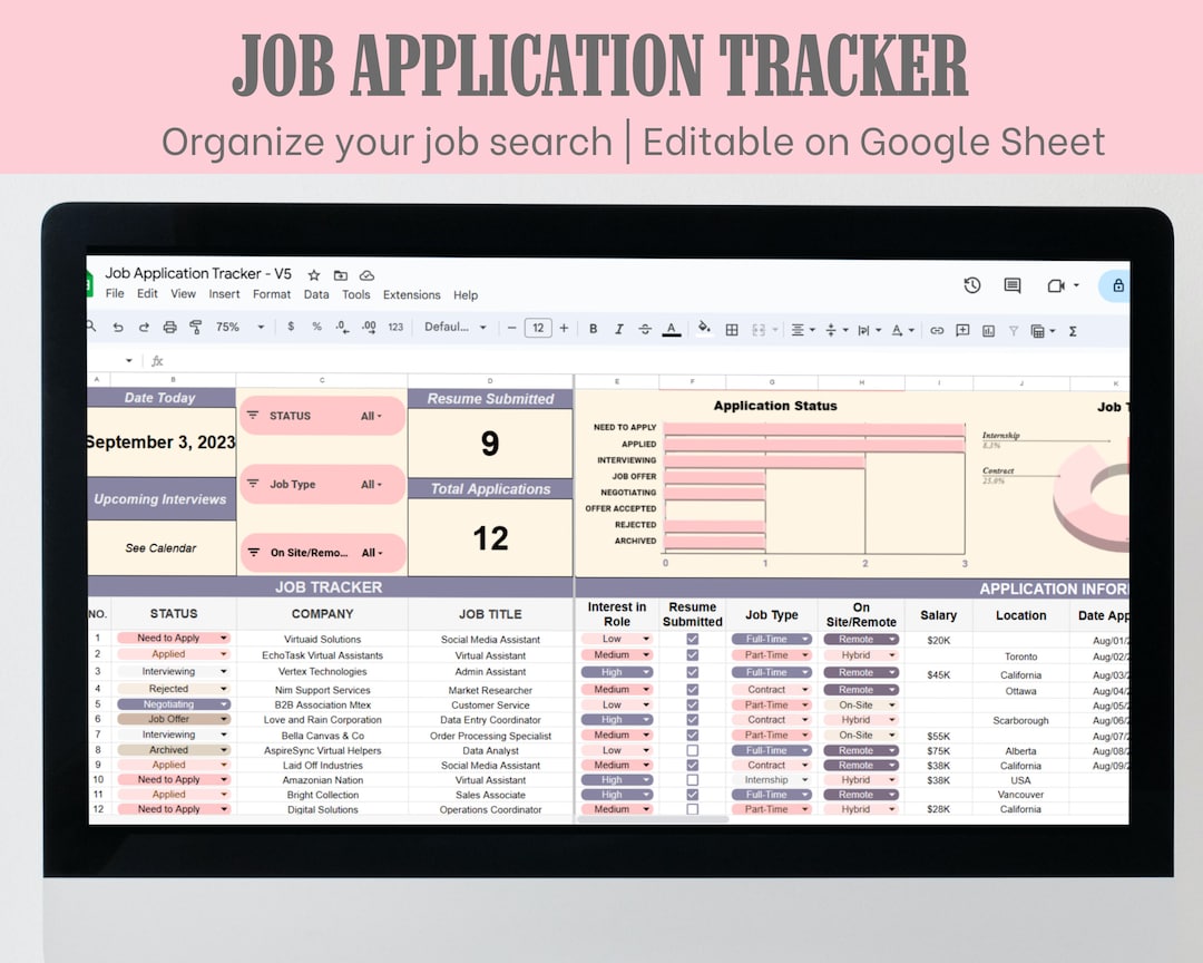 Job Application Tracker Job Search Dashboard Google Sheet Job Tracker ...