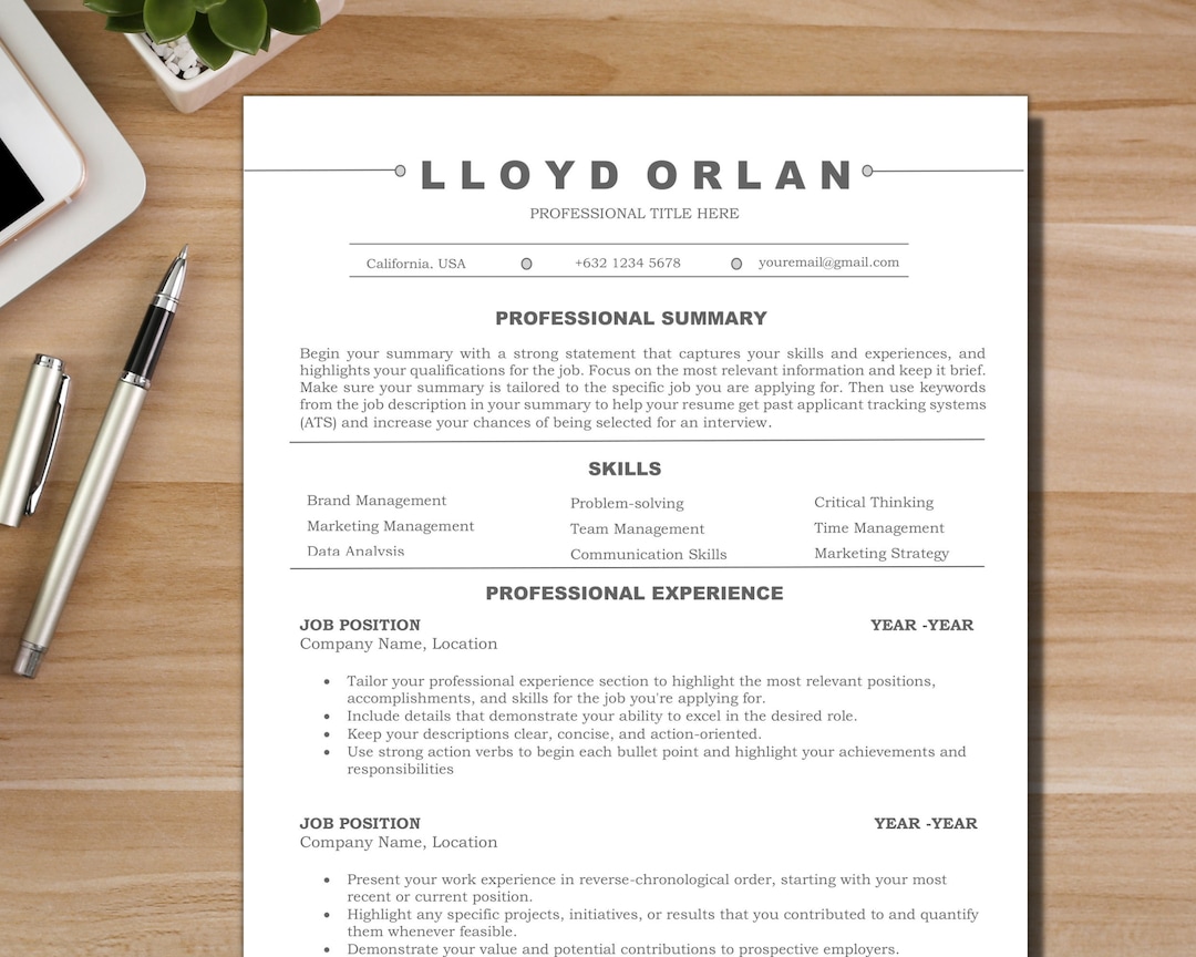 Minimalist Resume Template: Modern, Professional, ATS Friendly (word ...