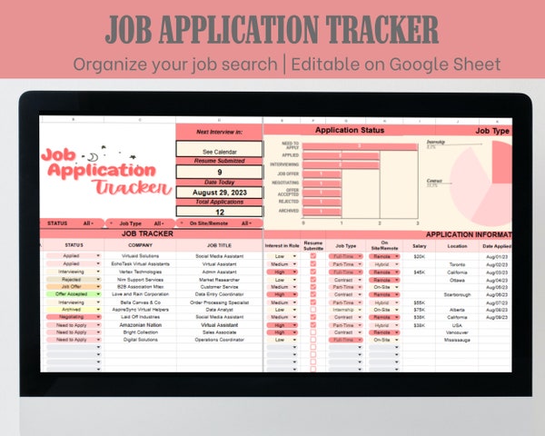 Job Application Tracker Google Sheets Job Planner - Etsy Canada