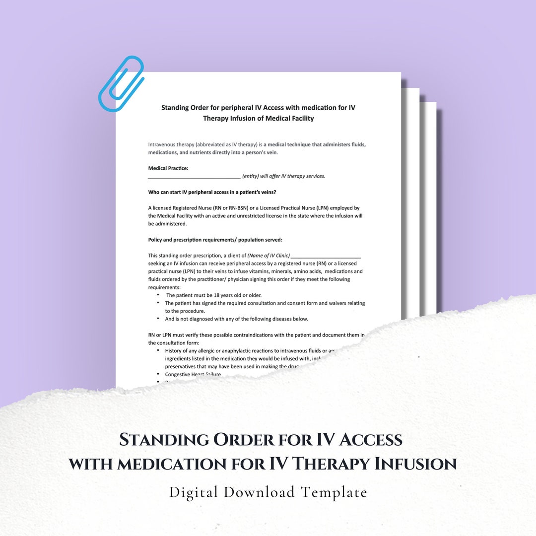 Standing Order for Peripheral IV Access With Medication for IV Therapy ...