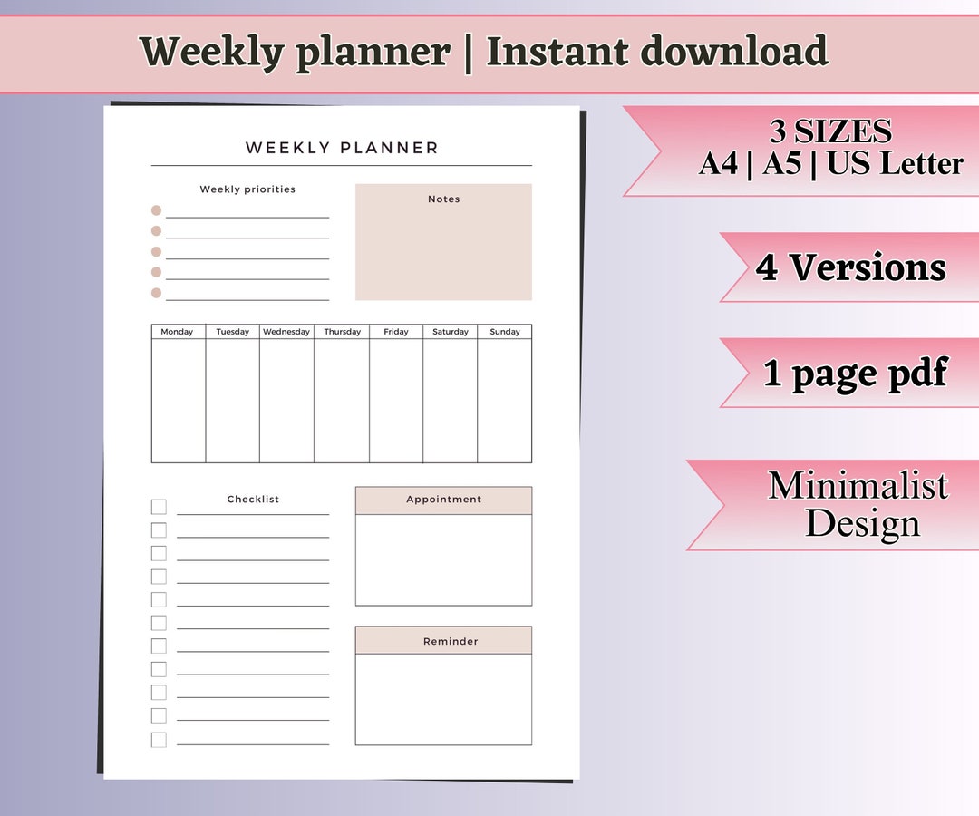 Work or School Weekly Planner Printable Page Pdf Weekly - Etsy