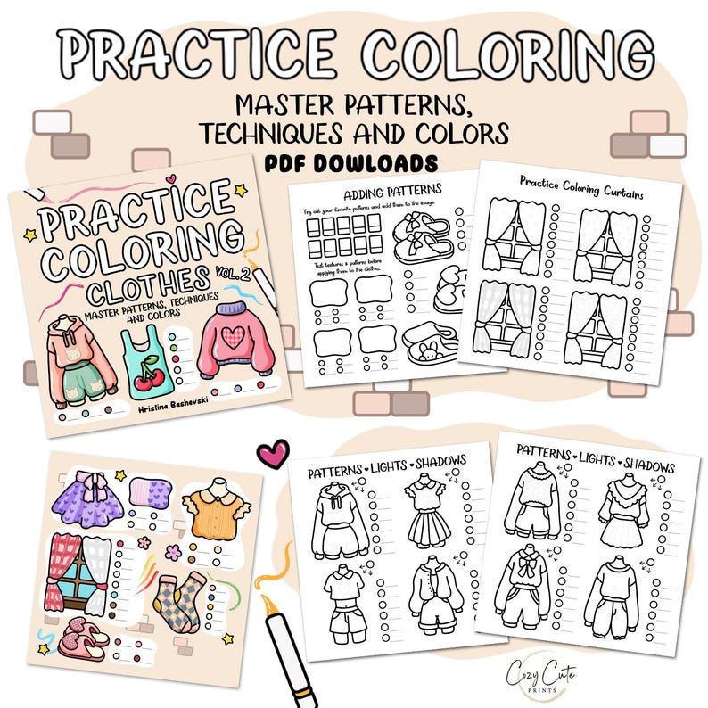 Coloring Practice Pages: Patterns, Shading, and Swatch Charts (digital ...