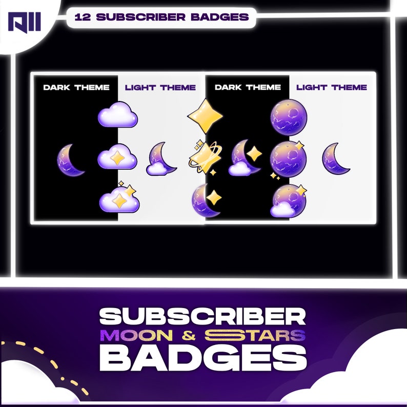 Moon and Stars Subscriber Twitch Badges || 12 Streamer Loyalty Badges ...