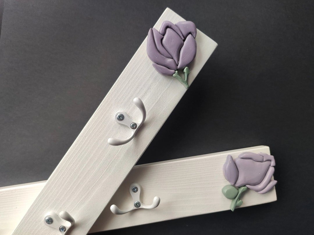 Wall Rack, Wall Pine Wood Rack, White Wooden Hanger, Decorative Roses ...
