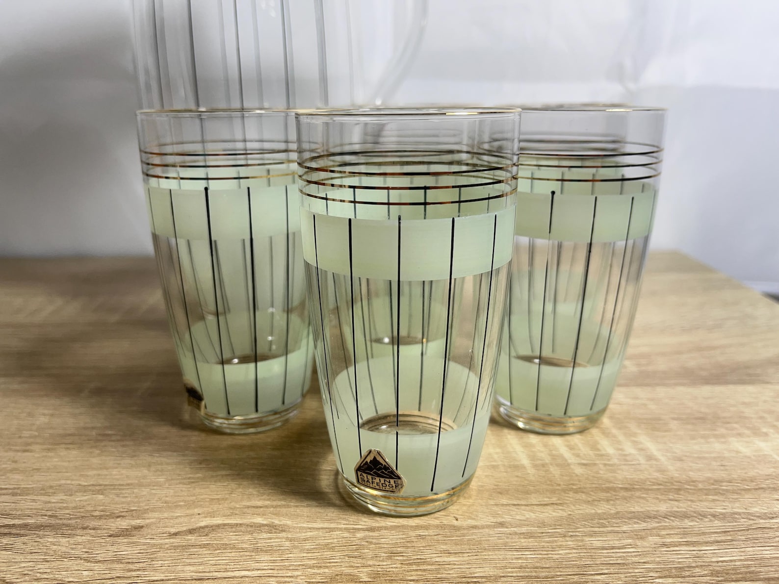 Vintage Alpine Safedge Glass Set | Frosted Pitcher & 6 Gold-rim Glasses ...