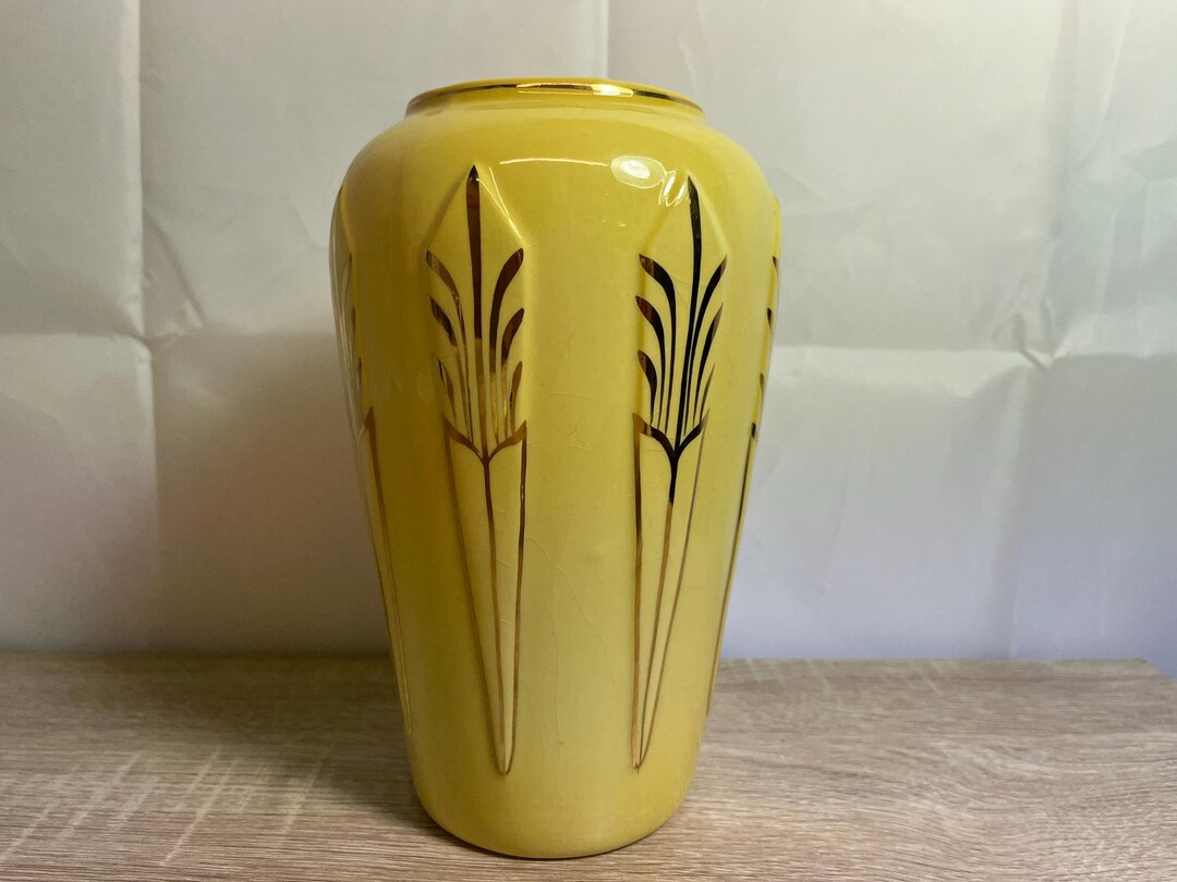 Vintage Pates Pottery Vase – Sydney Australia – Yellow Glaze & Gilded ...