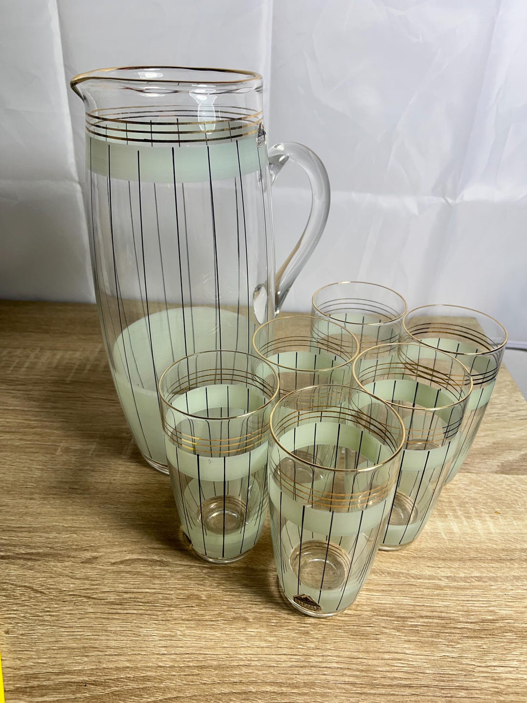 Vintage Alpine Safedge Glass Set | Frosted Pitcher & 6 Gold-rim Glasses ...