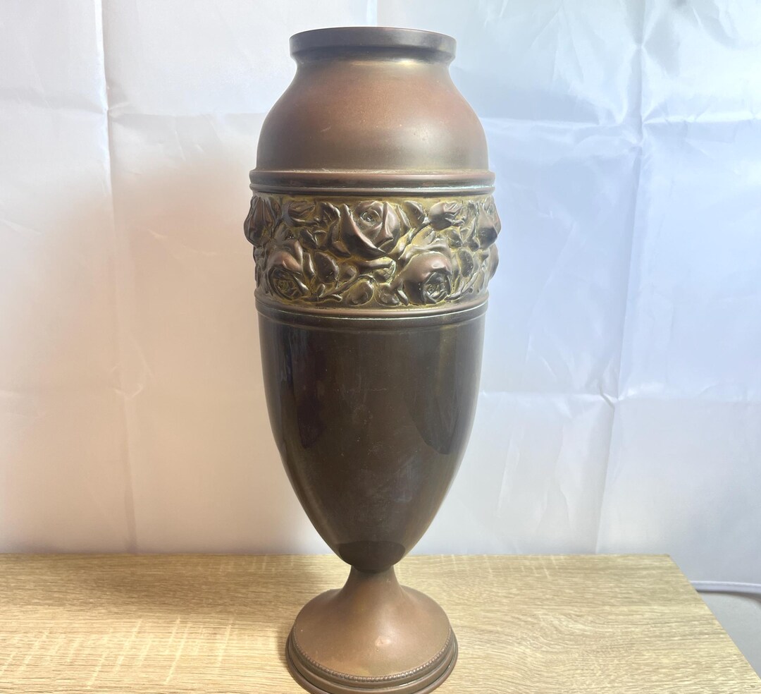 Vintage Australian Halah Ware Solid Brass Vase, 35cm Tall, Floral Band ...