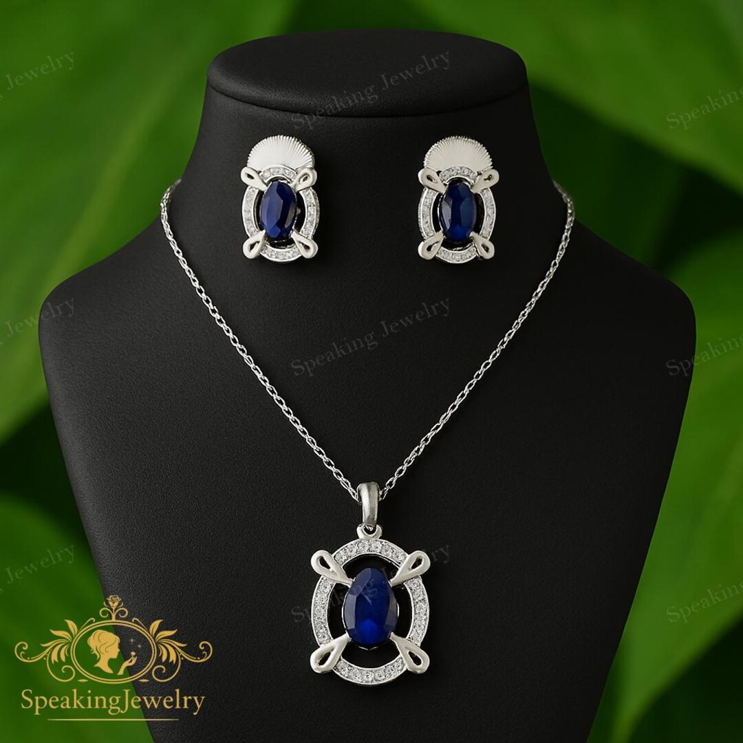 Blue Sapphire Musical Note Jewelry Set: Sterling Silver CZ Halo - Etsy