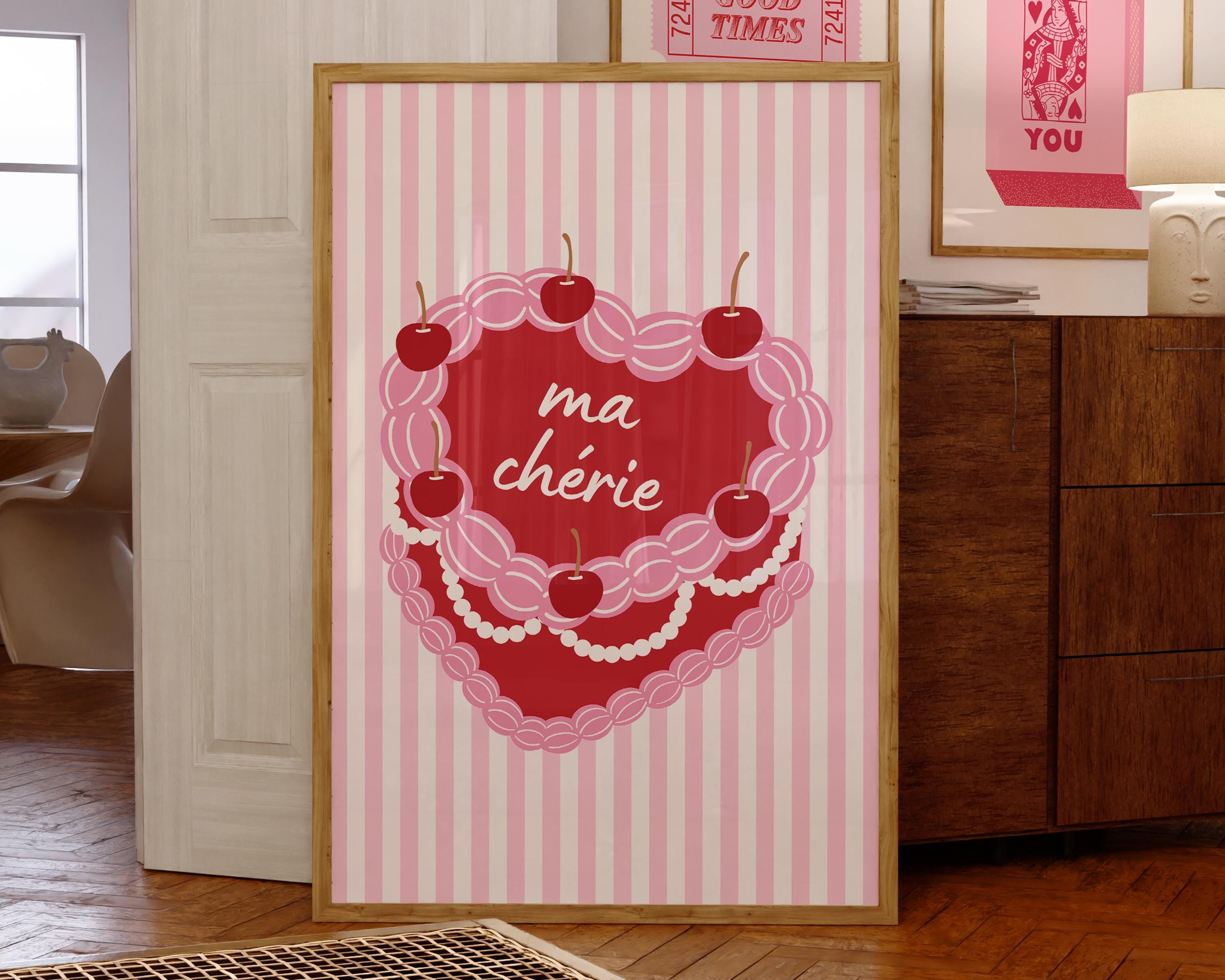 Cherry Poster, Digital Download, Ma Cherie Print, Cherry Heart Cake ...