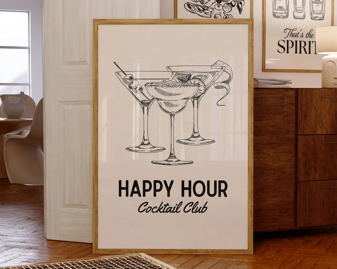 Happy Hour Print, Bar Cart Art, Digital Download, Retro Cocktail Poster ...