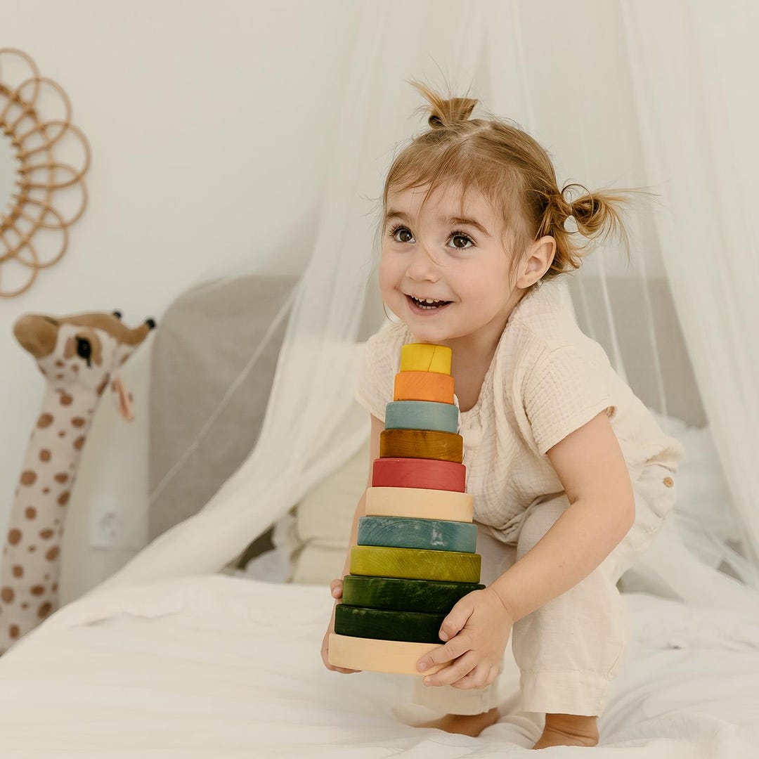 Large Montessori Wooden Stacking Pyramid Eco-friendly Toy for Toddlers ...