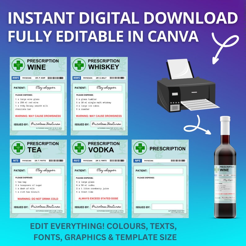 Editable Prescription Label Canva Templates - Custom Wine, Tea, Vodka ...