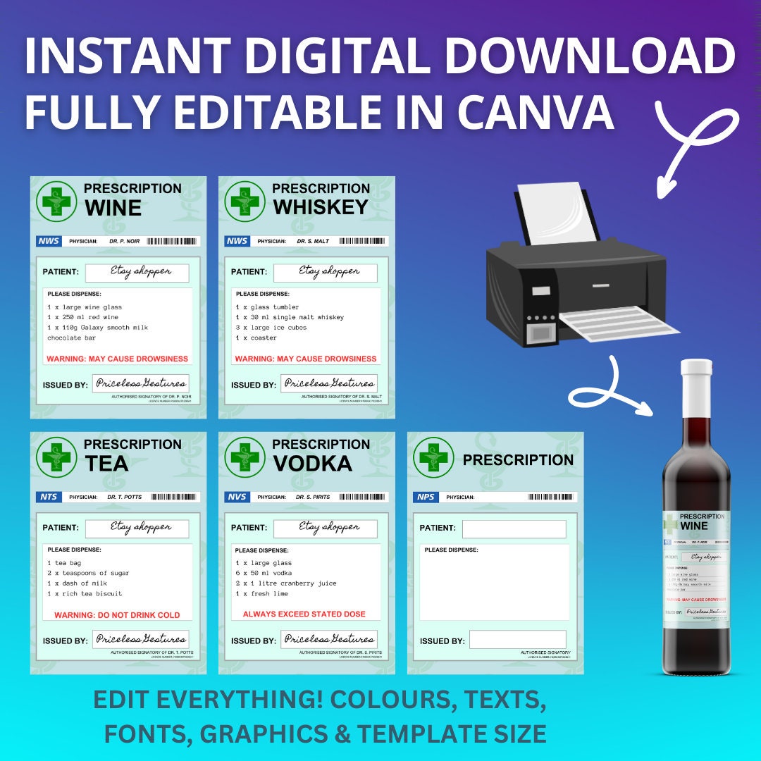 Editable Prescription Label Canva Templates - Custom Wine, Tea, Vodka ...