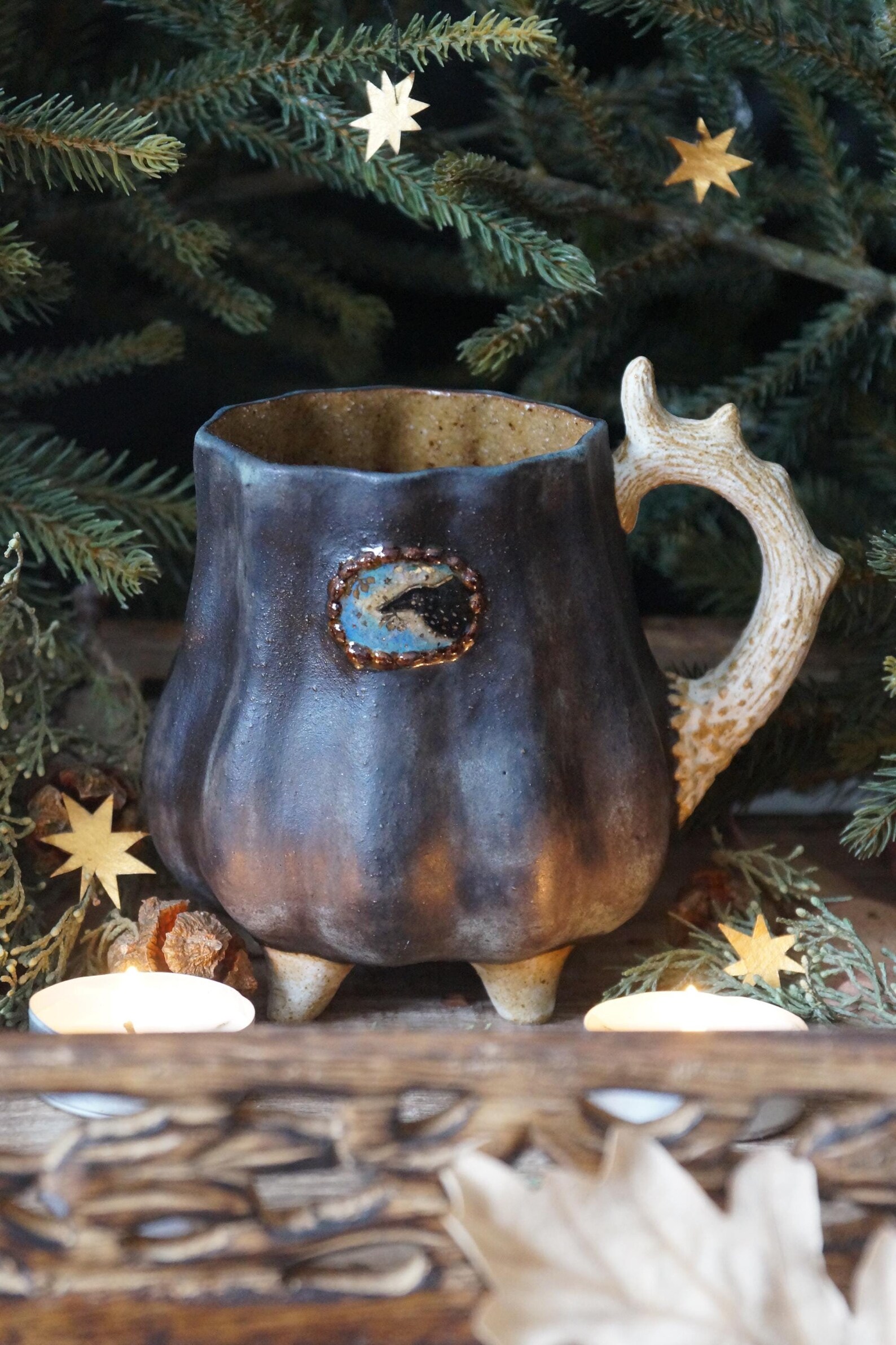 Black Ceramic Mug Raven and Golden Berries. Handle in the Shape of a ...