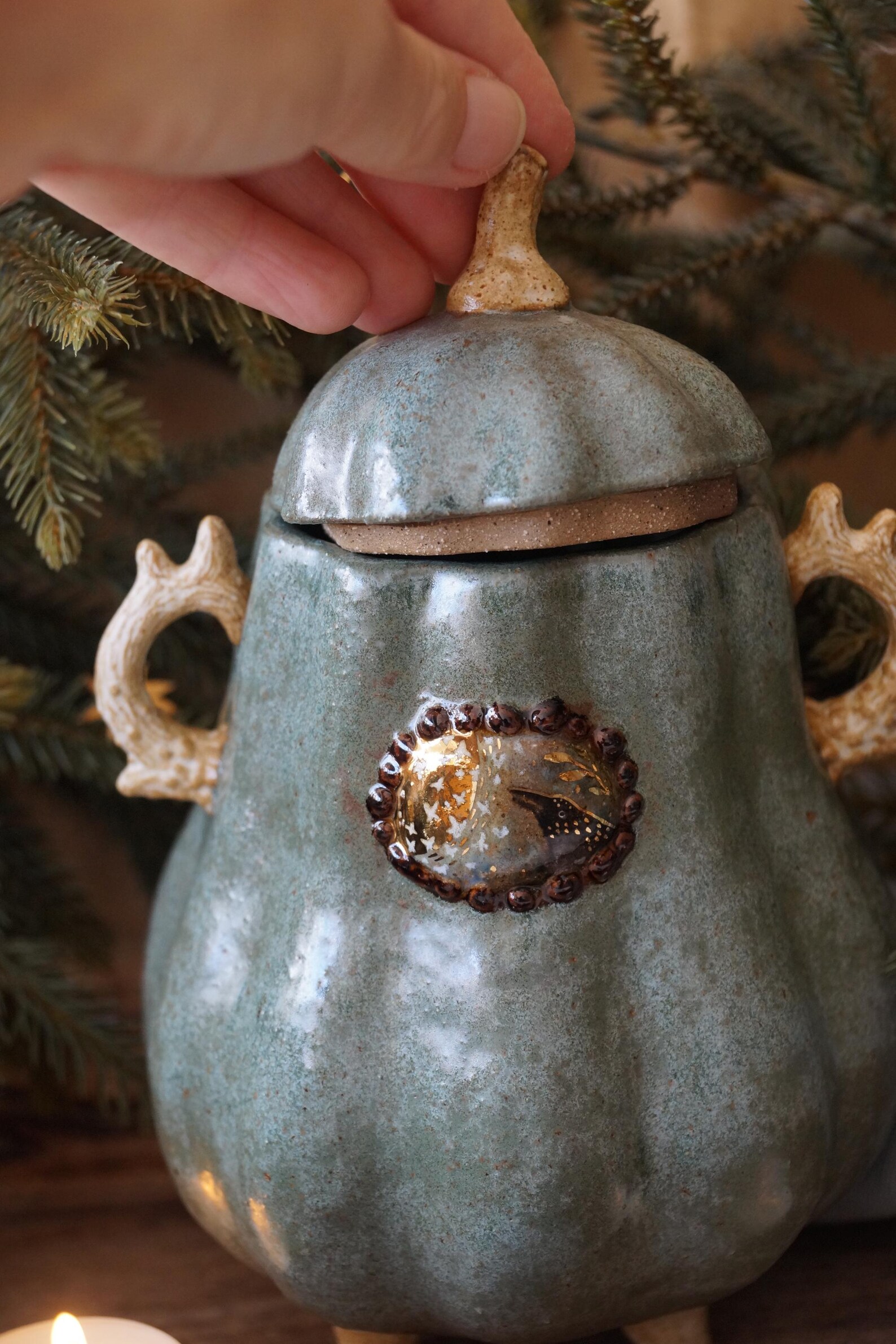 Large Handmade Ceramic Pumpkin Jar With Lid and Raven. Autumn Sugar Bow ...