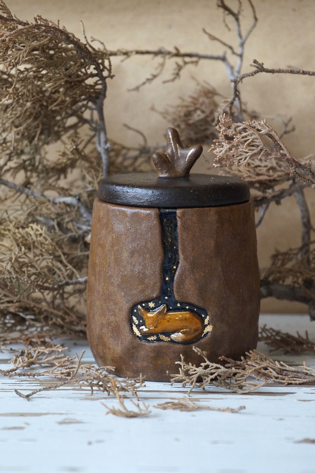 Tea Jar little Red Fox in a Burrow. Ceramic Jar for Coffee and Spices ...