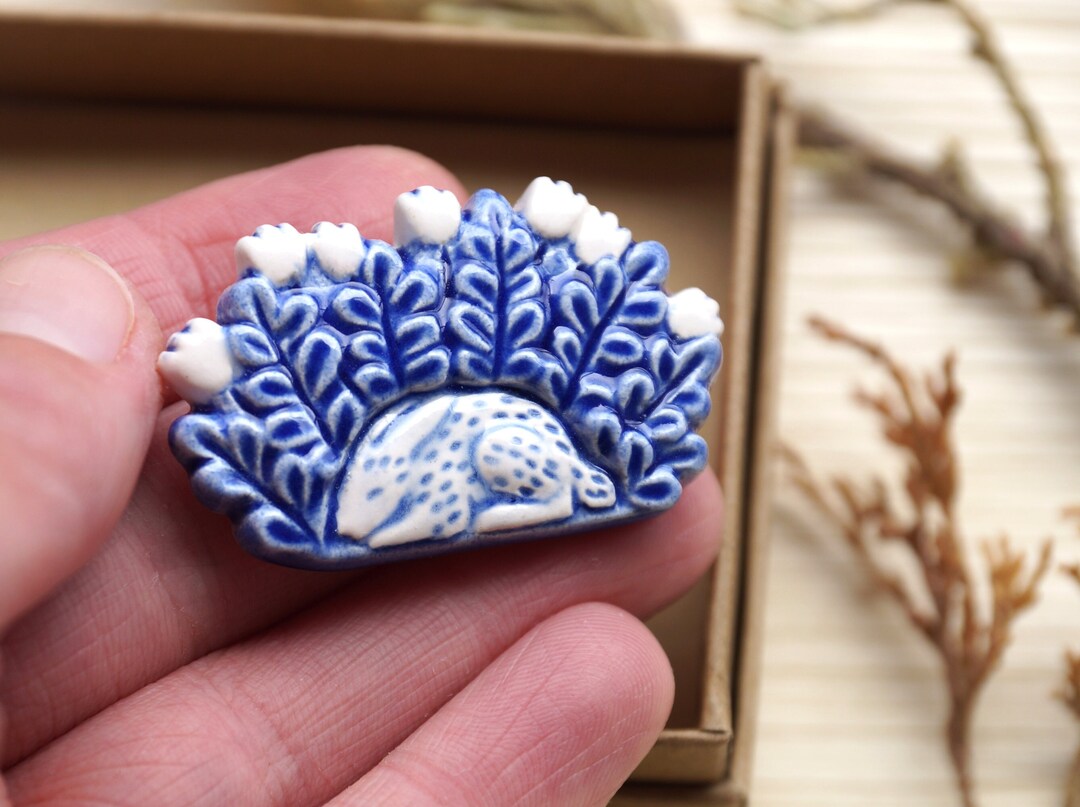 Animal Brooch Pin. Ceramic Rabbit With White Flowers. Pottery Brooch ...