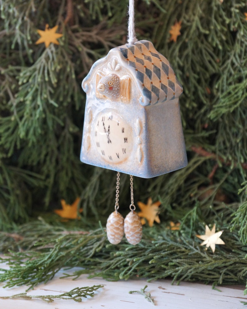 Ceramic Christmas Tree Toy Blue Cuckoo-clock, Collectible Miniature ...