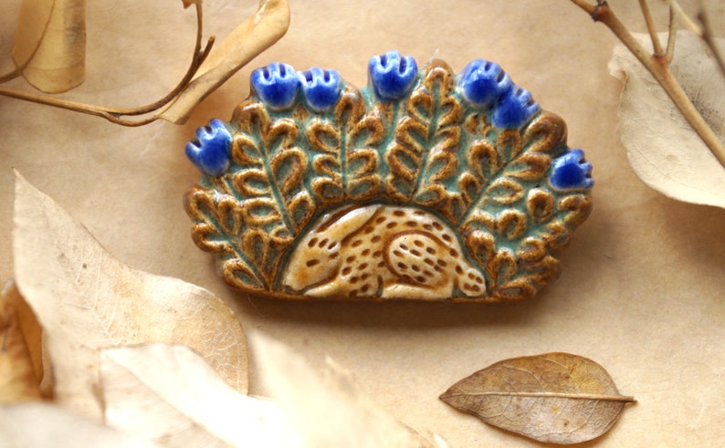 Animal Brooch Pin. Ceramic Rabbit With White Flowers. Pottery Brooch ...